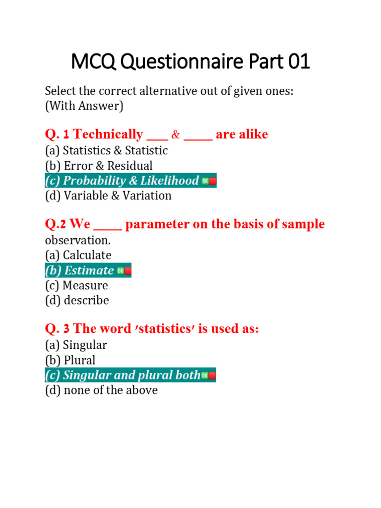Statistics MCQ Questionnaire Part 01 | PDF | Standard Deviation ...