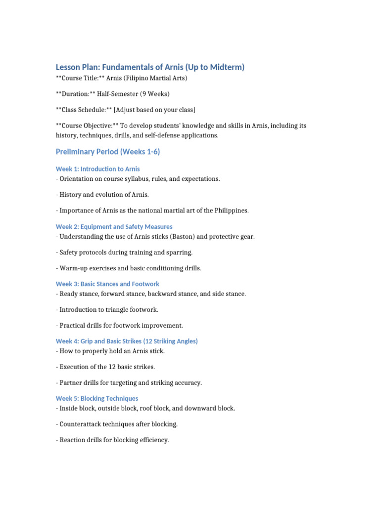 Arnis Lesson Plan Prelim To Midterm | PDF