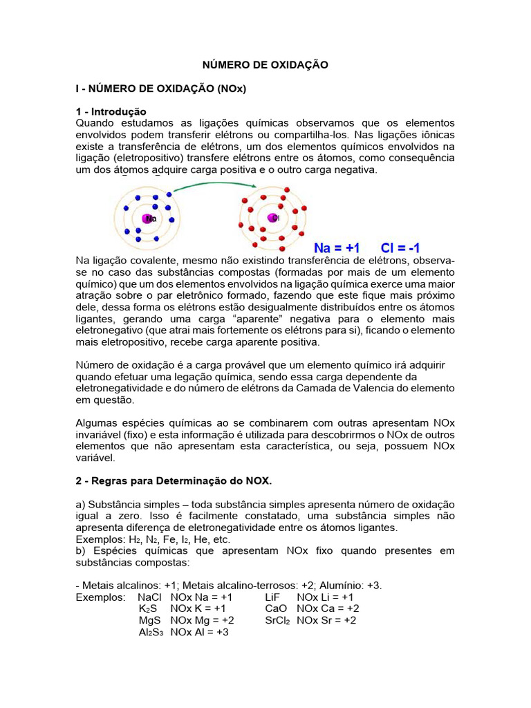 NÚMERO DE OXIDAÇÃO e BALANCEAMENTO DE REAÇÕES | PDF | Ligação química ...