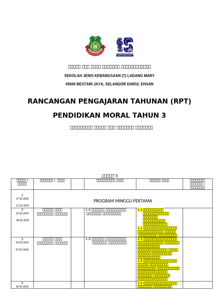 RPT Moral Tahun 3 | PDF
