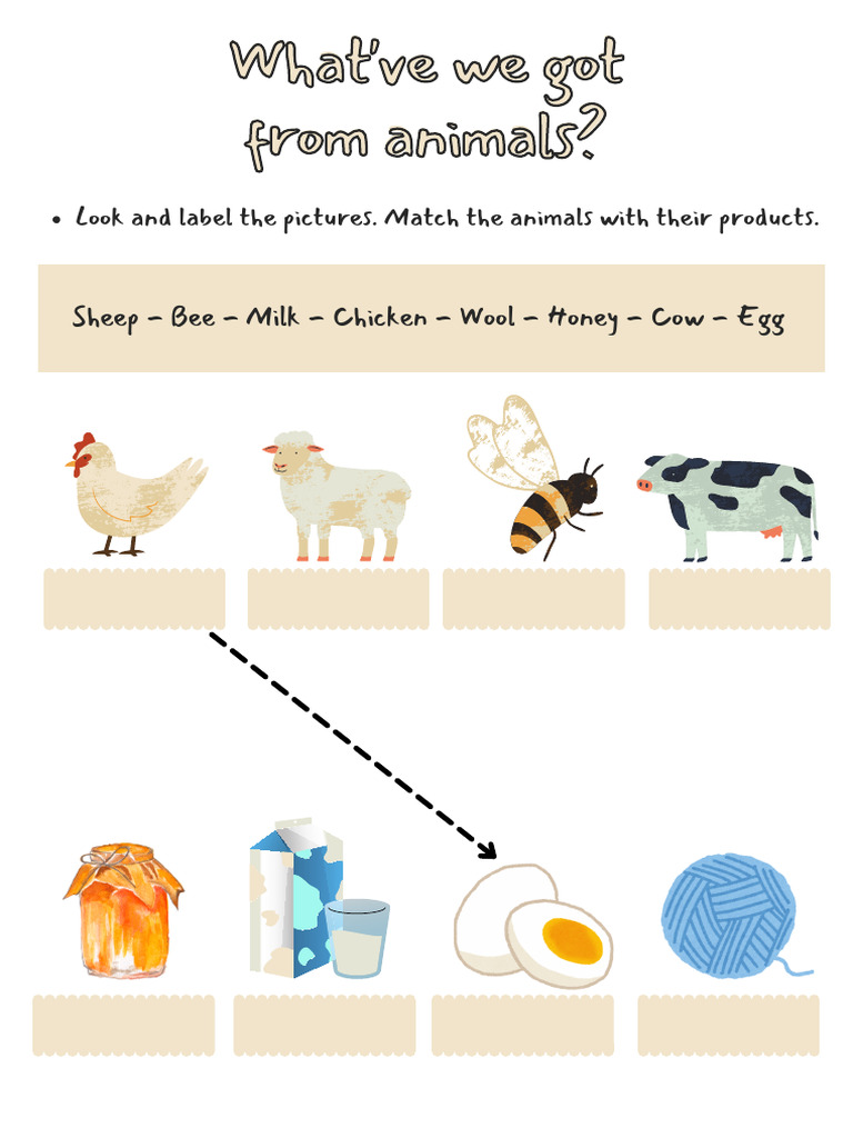 Pastel Cream Playful Farm Animals and Products Matching Worksheet | PDF