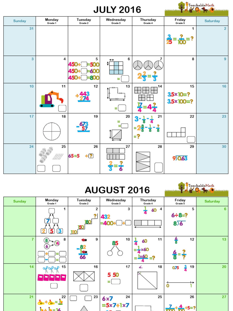TMc01free 2016 2017 AcademicYear MathCalendar | PDF | Area | Elementary ...