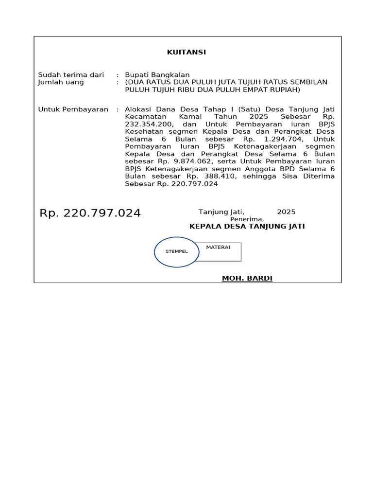 Format Kuitansi (ADD Tahap 1) - (TA. 2025) - (Potongan BPJS Kes+BPJS Naker) | PDF