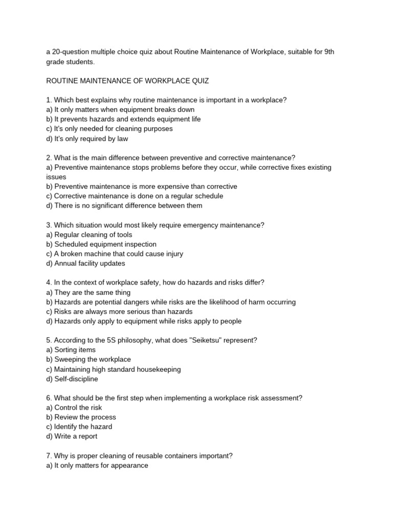 Workplace Maintenance Quiz for Students | PDF | Hazards | Risk