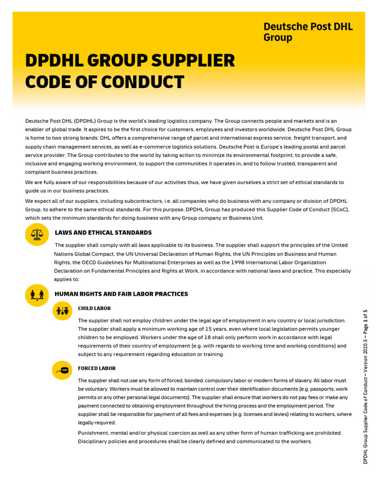 DPDHL Supplier Code of Conduct 2020 | PDF | Occupational Safety And ...