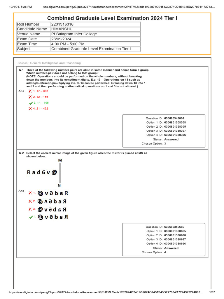 SSC CGL 2024 Tier 1 Answerkeys | PDF