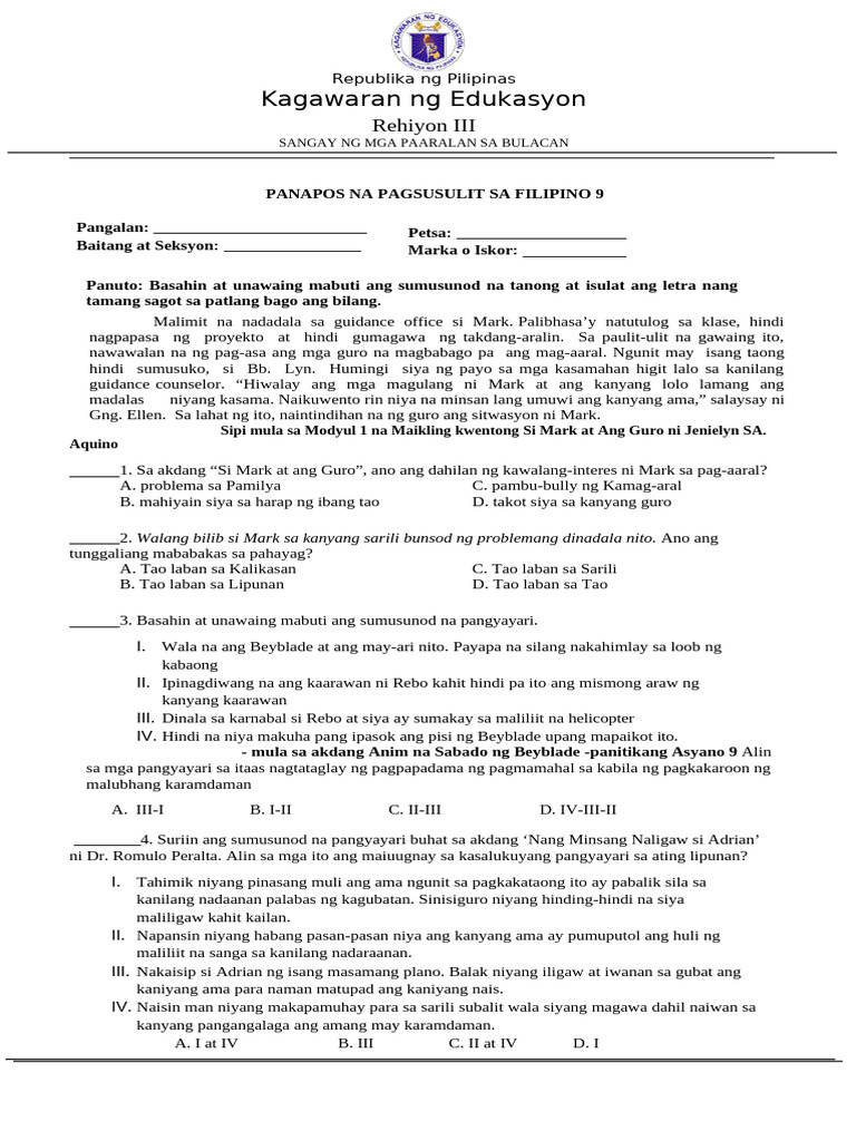 Exit Assessment FILIPINO 9 2024-2025 | PDF