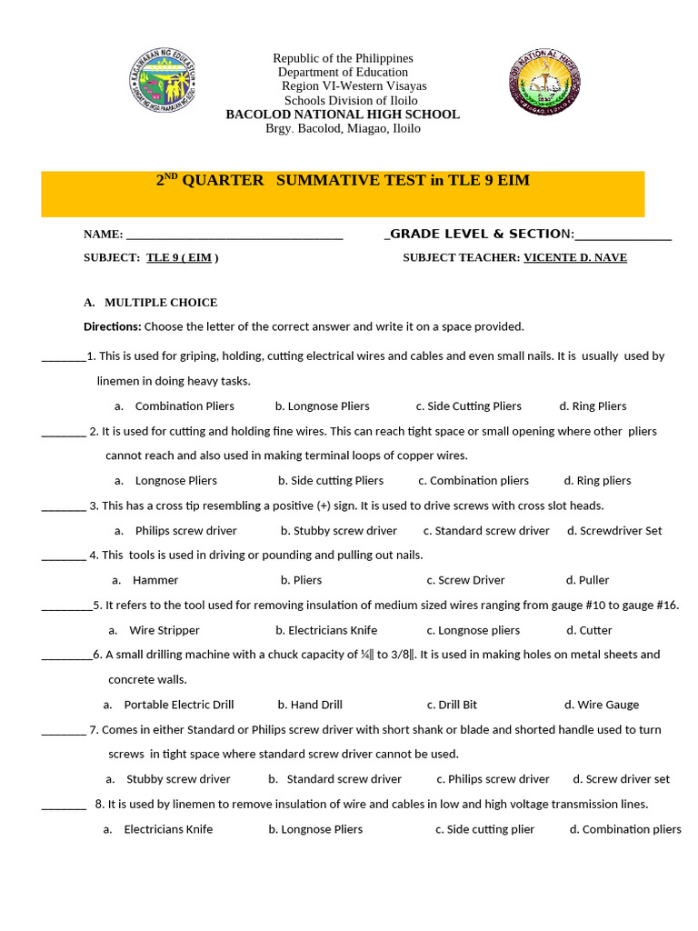 2nd Qtr 1st Sum TEST-TLE 9 | PDF | Electrical Connector | Fuse (Electrical)