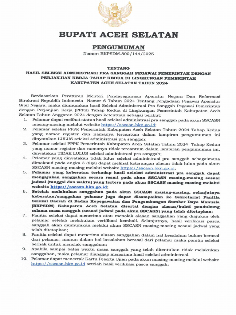 Pengumuman Tentang Hasil Seleksi Administrasi Pra Sanggah PPPK Tahap Ii Di Lingkungan Pemkab ...