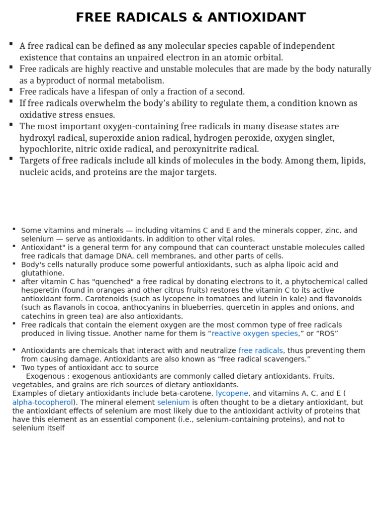 Free Radical & Antioxidant | PDF | Antioxidant | Radical (Chemistry)