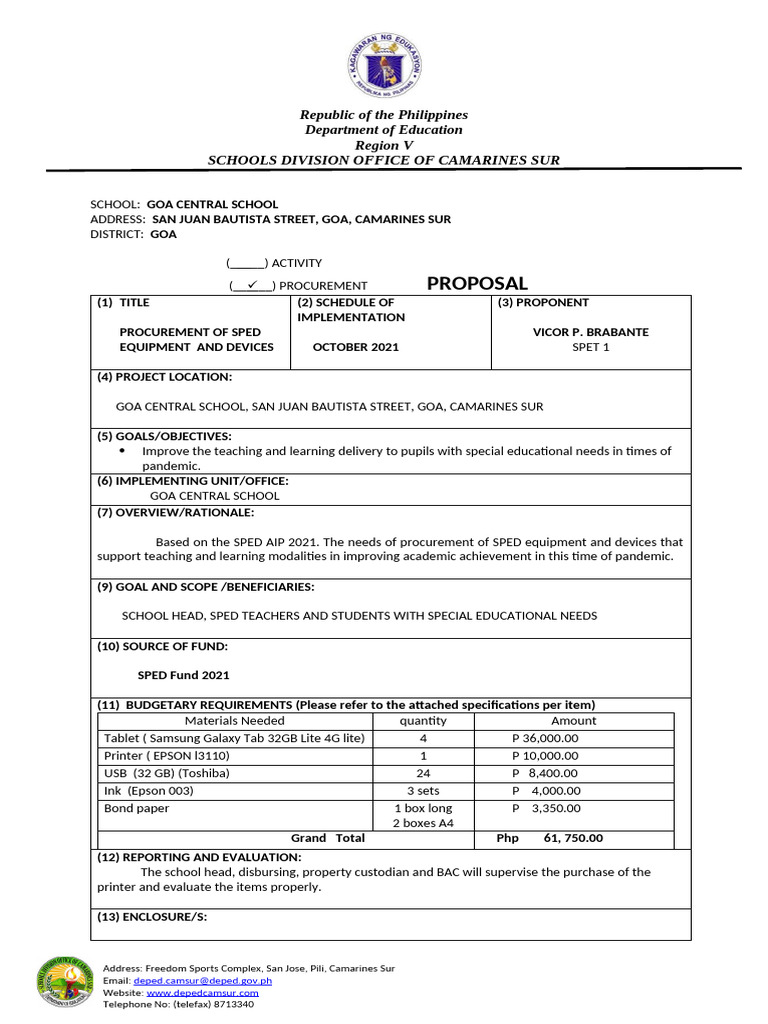 SPED Equipment Procurement Proposal | PDF