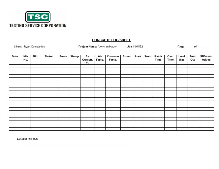Concrete Pour Log Sheet Template | PDF