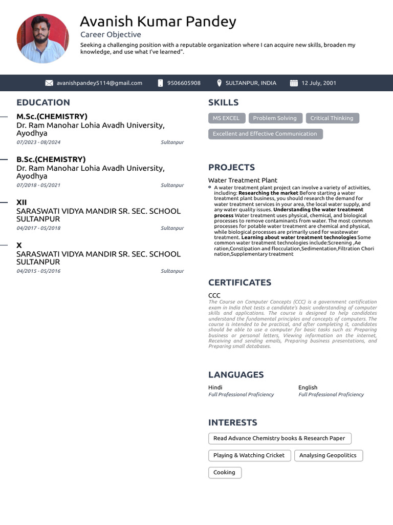 Avanish Kumar Pandey Resume | PDF | Water Treatment