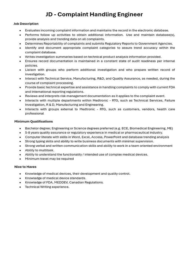 JD - Complaint Handling Engineer | PDF