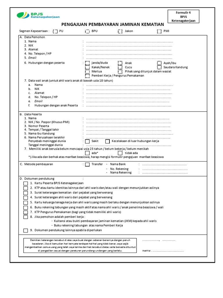 Formulir Pengajuan Jaminan Kematian BPJS | PDF