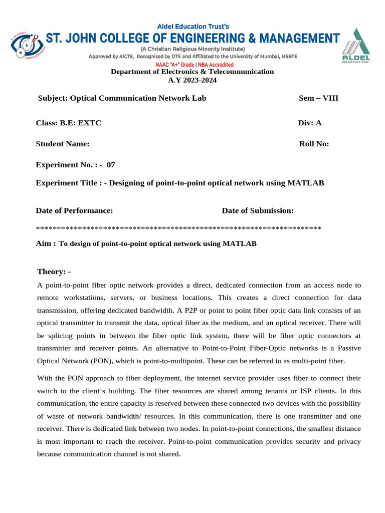 Point-to-Point Optical Network Lab | PDF | Computer Network | Network Topology