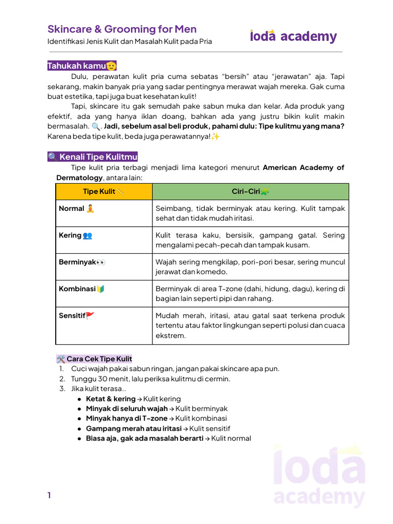 Identifikasi Jenis Kulit Dan Masalah Kulit Pada Pria | PDF