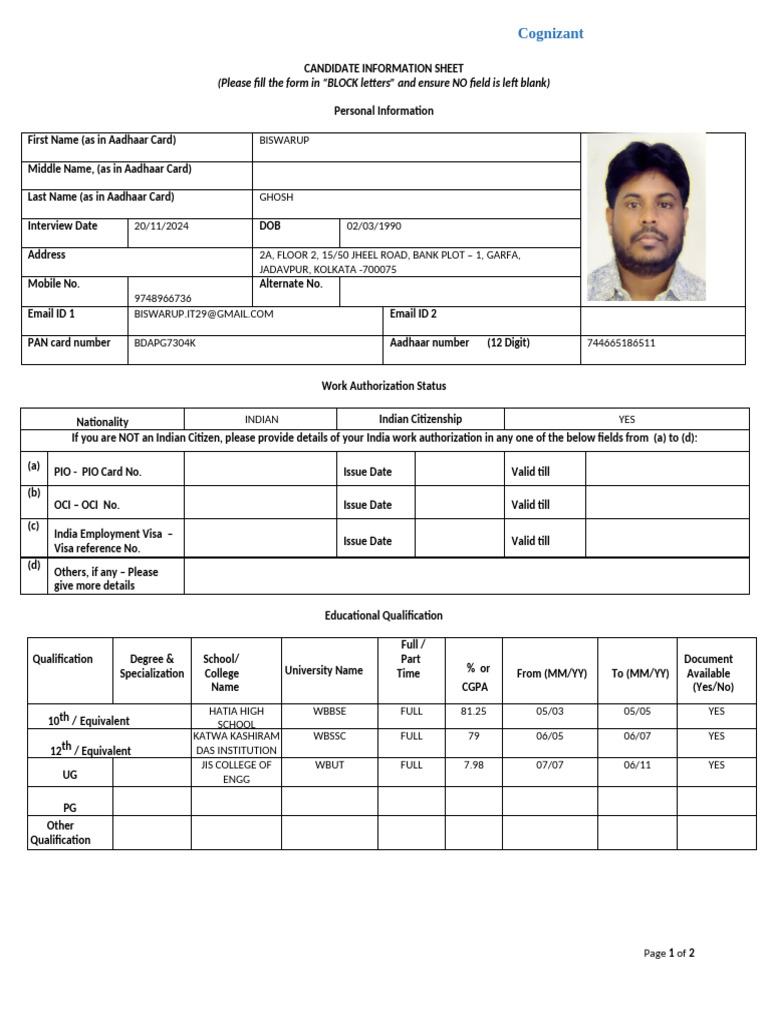 Candidate Information Sheet - Cognizant | PDF | Government And Personhood
