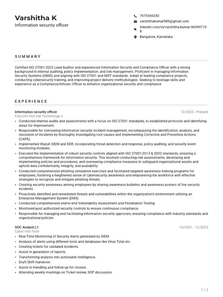Naukri Varshitha K - Information Security Officer - Resume | PDF ...