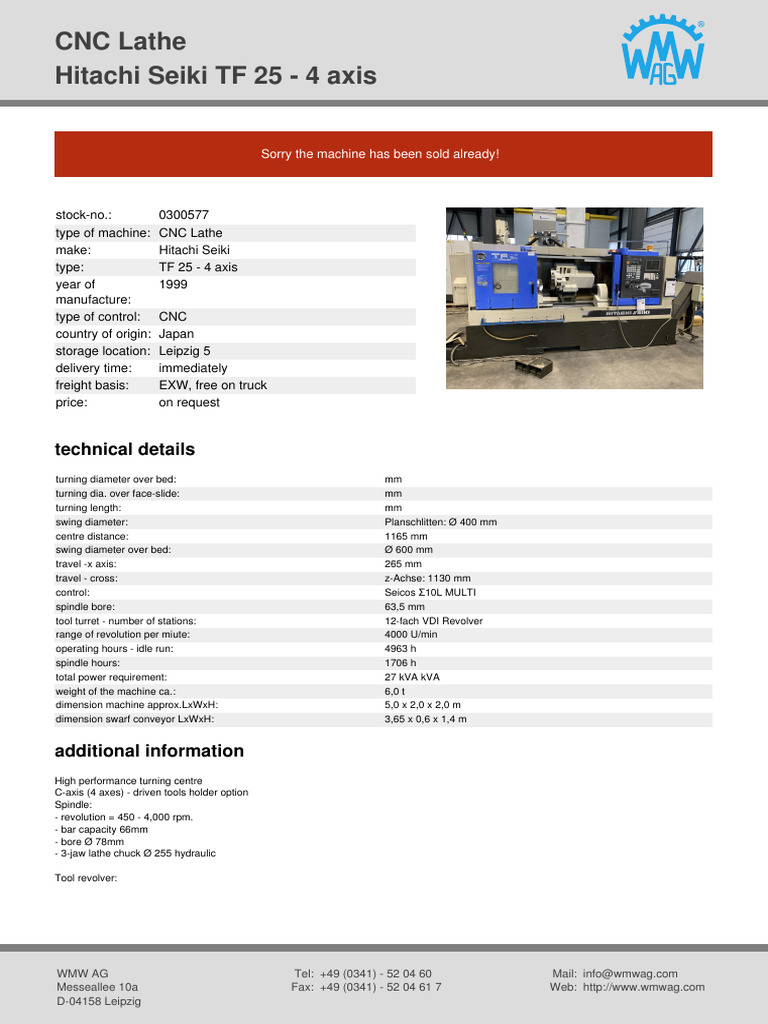 Hitachi Seiki TF 25 CNC Lathe for Sale | PDF | Numerical Control ...