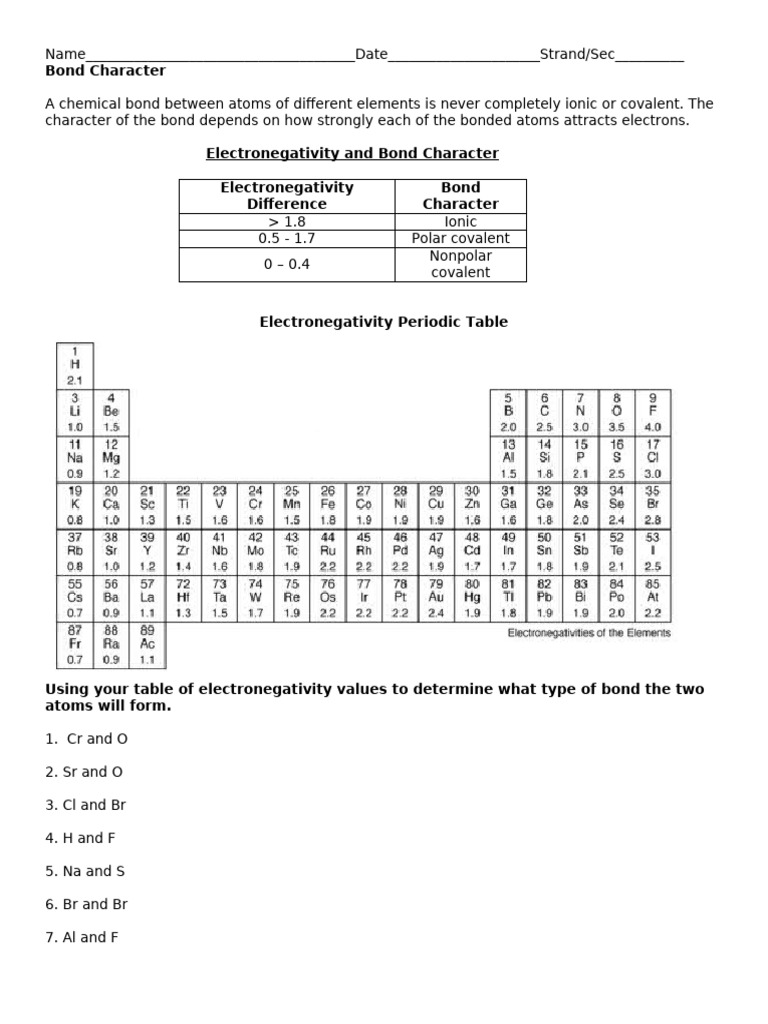Electronegativity Exercise | PDF | Chemical Bond | Chemical Polarity