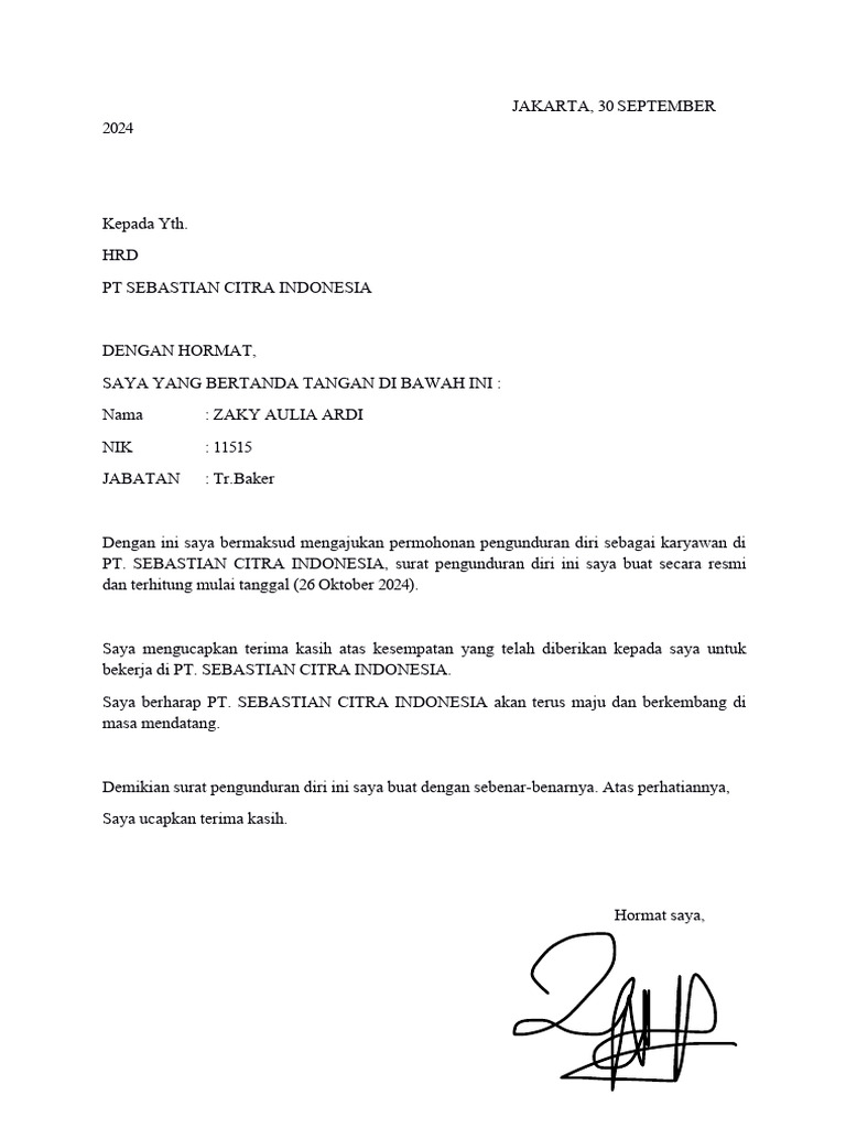 Zaky Aulia Ardi - Surat Pengunduran Diri | PDF