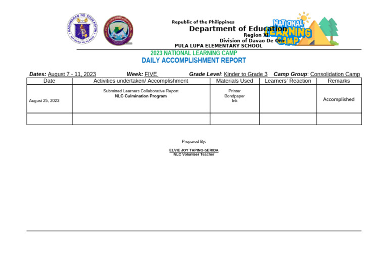 Elvie NLC ACCOMPLISHMENT - WEEK5 - (KINDER-G3) | PDF