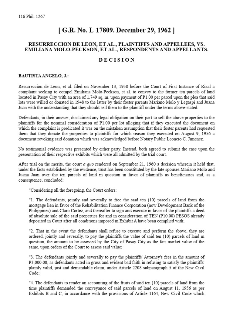151 de Leon Vs Molo-Peckson, G.R. No. L-17809 December 29, 1962 | PDF ...