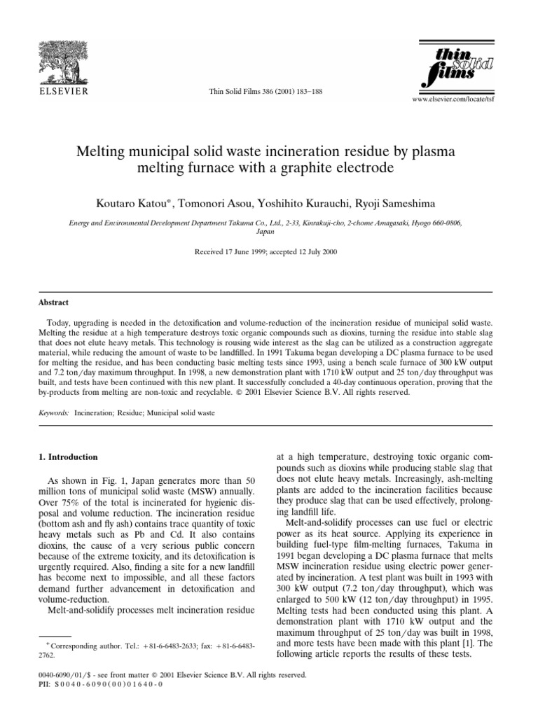 Melting Municipal Solid Waste Incineration Residue by Plasma Melting ...