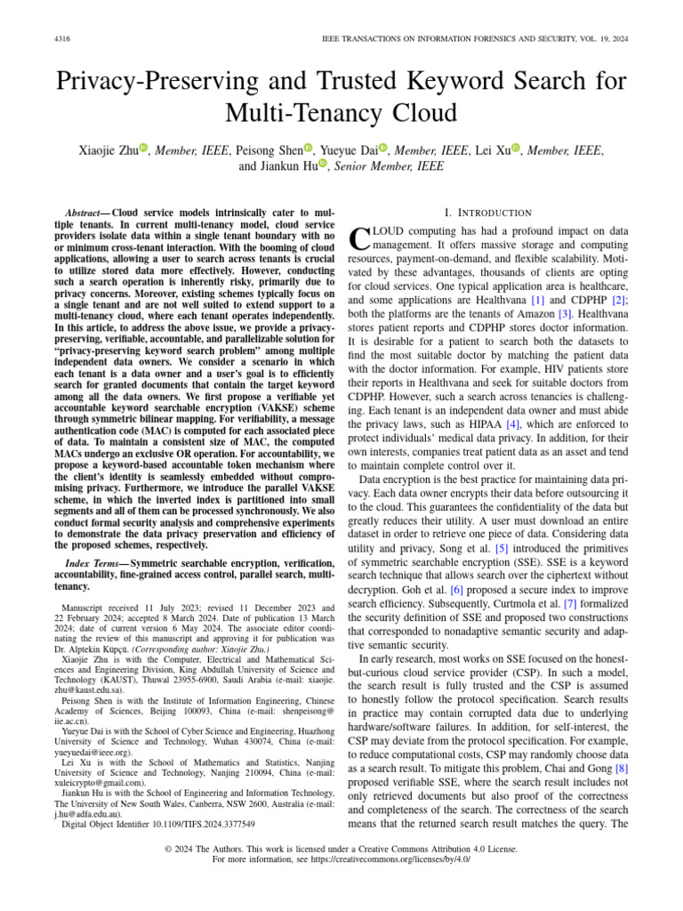 Privacy-Preserving_and_Trusted_Keyword_Search_for_Multi-Tenancy_Cloud | PDF | Encryption ...