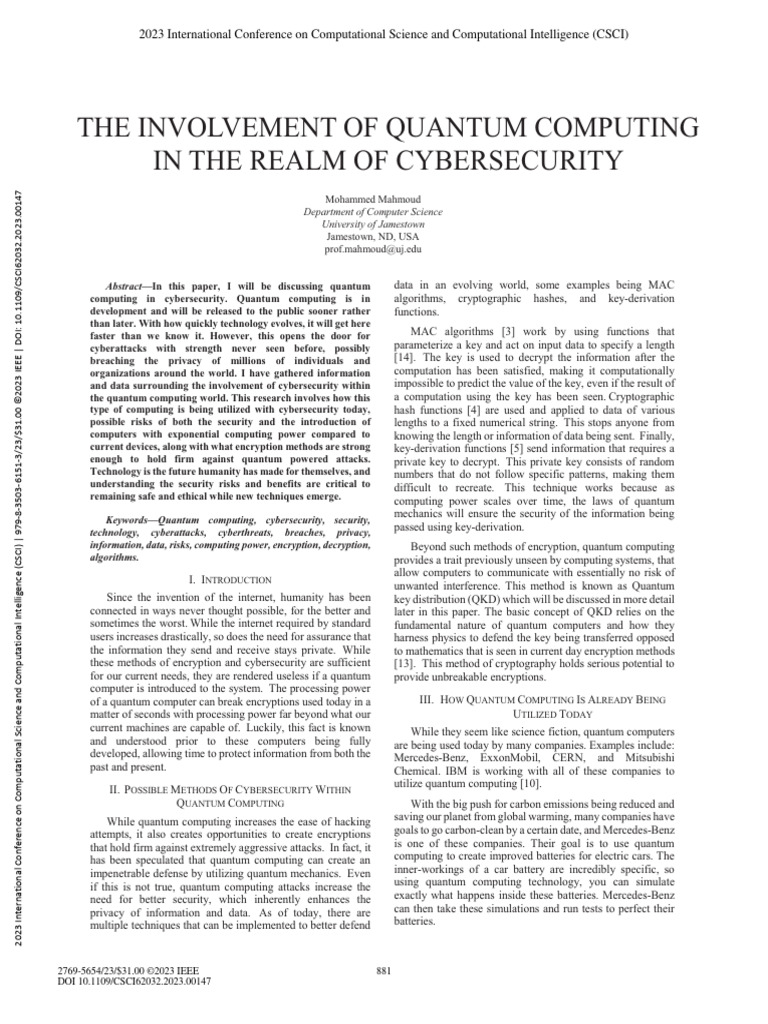 The Involvement of Quantum Computing in The Realm of Cybersecurity | PDF | Encryption | Public ...