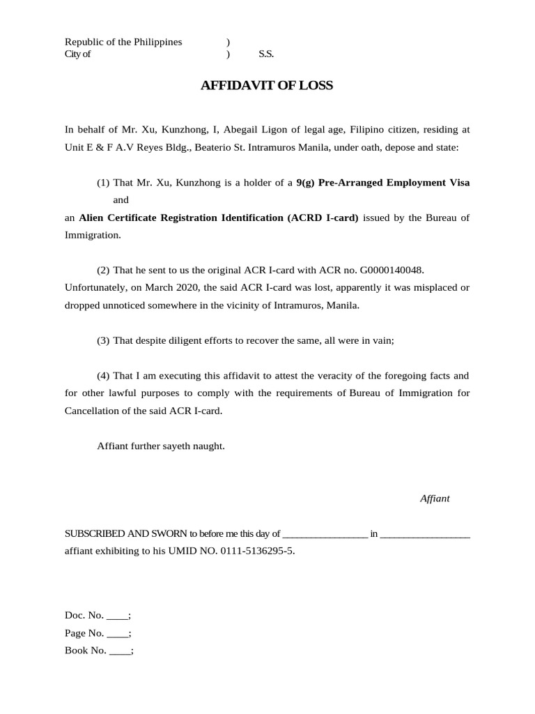AFF OF LOSS ICARD in Behalf | PDF