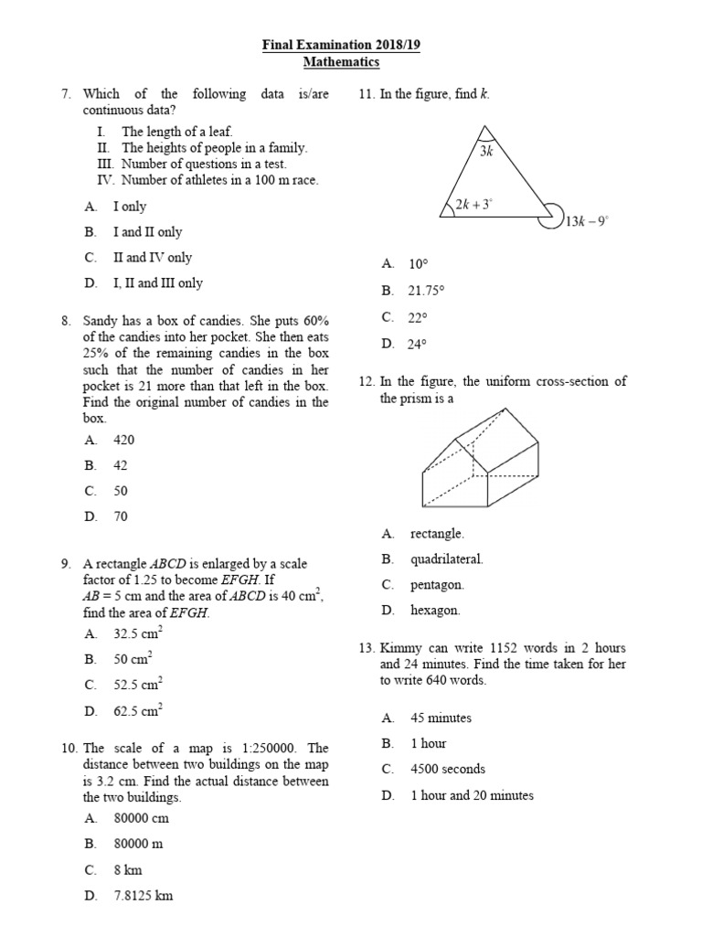 2018/19 Mathematics Final Exam Questions | PDF