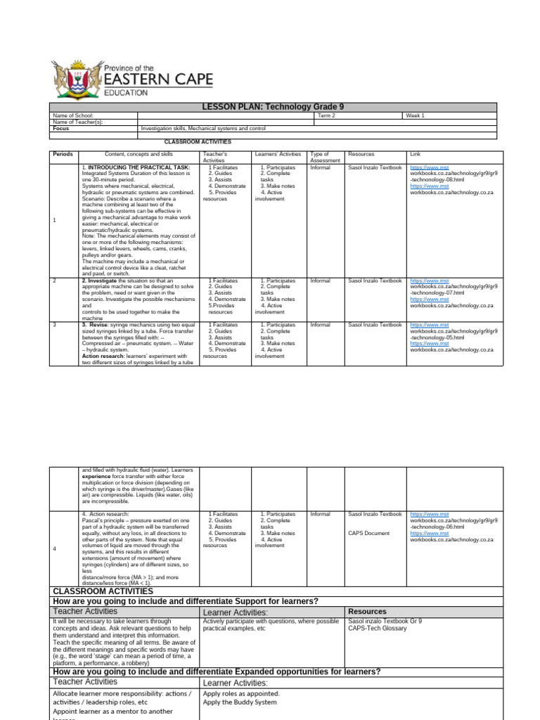 Technology Grade 9 Lesson Plans | PDF | Machines | Liquids
