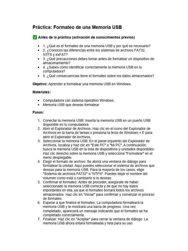 Práctica: Formateo de Una Memoria USB | PDF | Archivo de computadora | Memoria USB