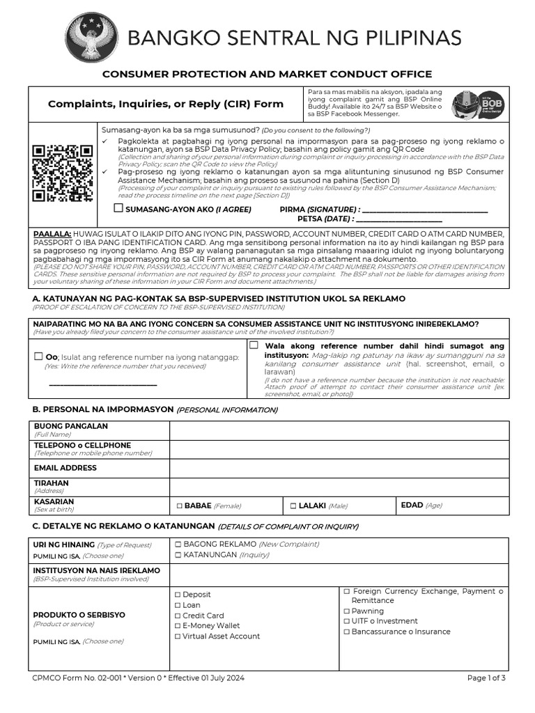 CIR Form Bangko Sentral | PDF | Automated Teller Machine