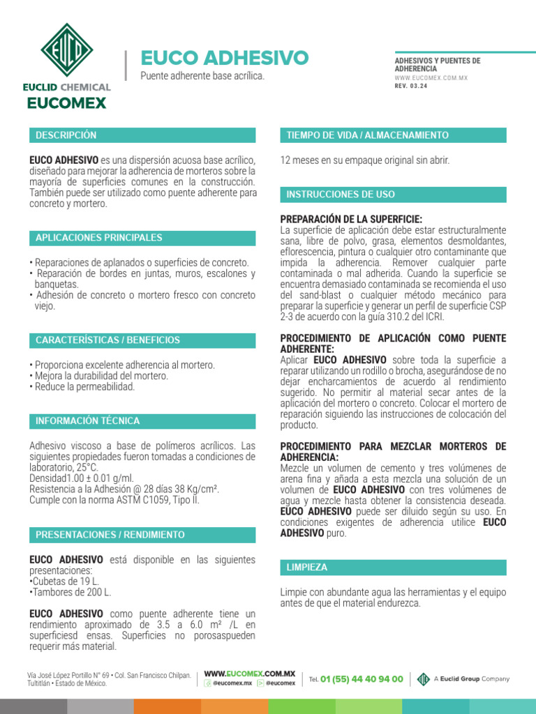EUCO ADHESIVO: Puente Acrílico Eficaz | PDF | Hormigón | Adhesión