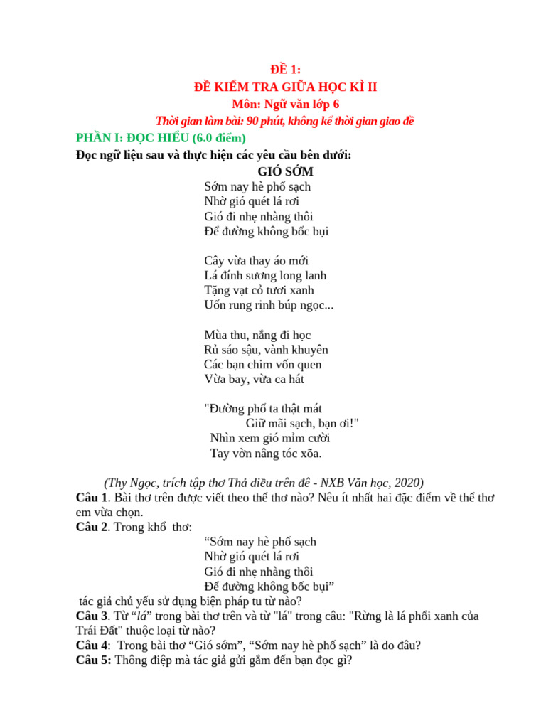 7-BÀI 7-ST6-PHẦN ĐỀ TỰ LUẬN-THƠ CÓ YẾU TỐ MIÊU TẢ | PDF