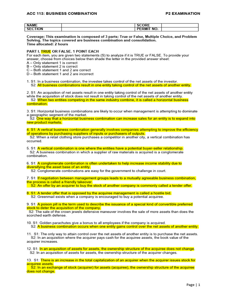 ACC 113 P2 EXAMINATION - Key Answer | PDF | Book Value | Consolidation (Business)