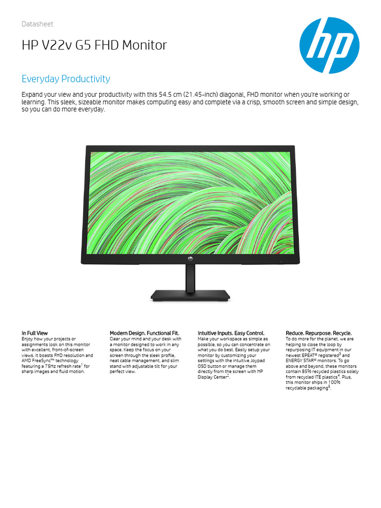 HP 22 Inch Monitor V22V G5 | PDF | Computer Monitor | Hdmi