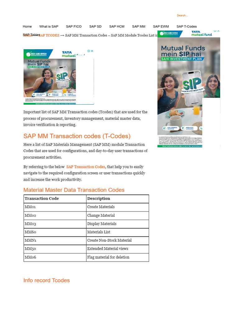 Sap T-Codes List | PDF | Invoice | Computing
