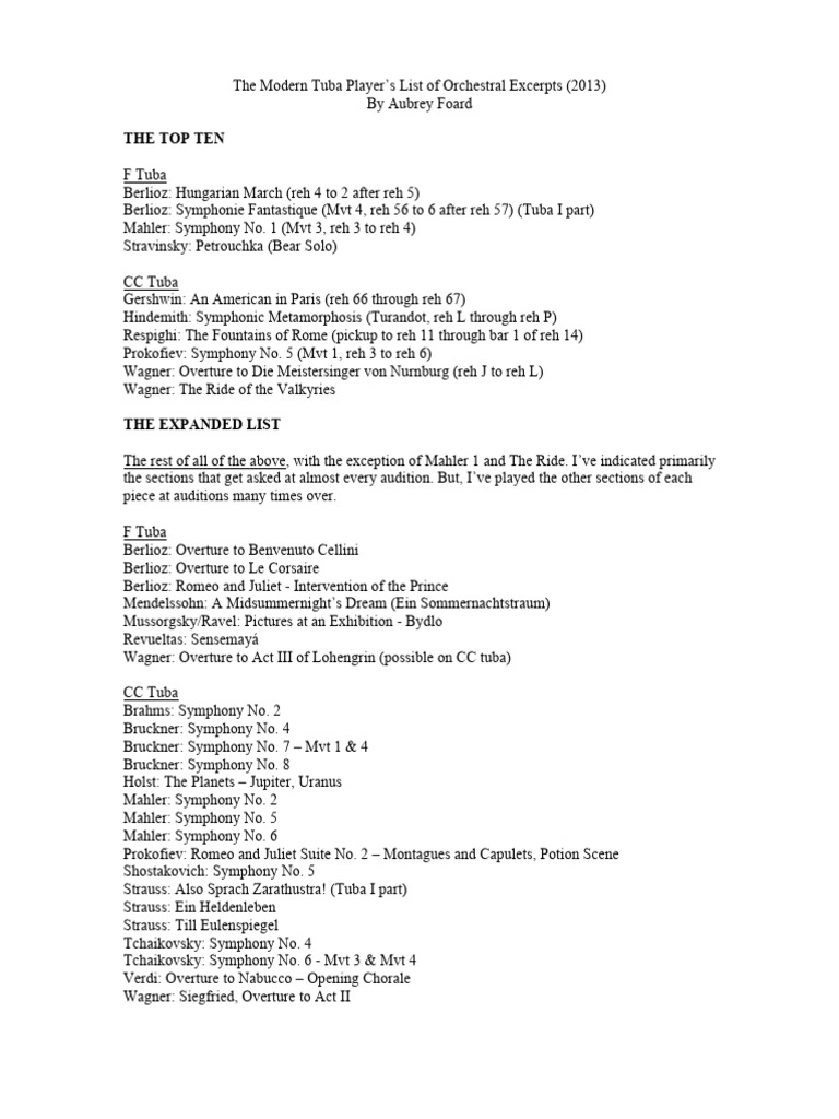 The Modern Tuba Players List of Orchestral Excerpts | PDF | Symphony ...
