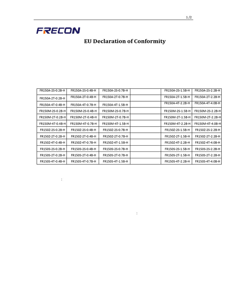 EU Declaration of Conformity for FR150 Series | PDF | Electricity ...