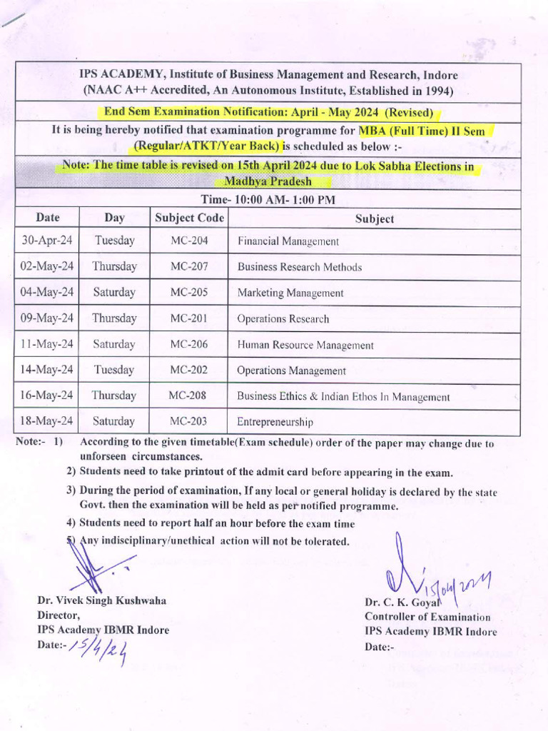 Revised Exam Time Table MBA II Sem. April 2024 | PDF