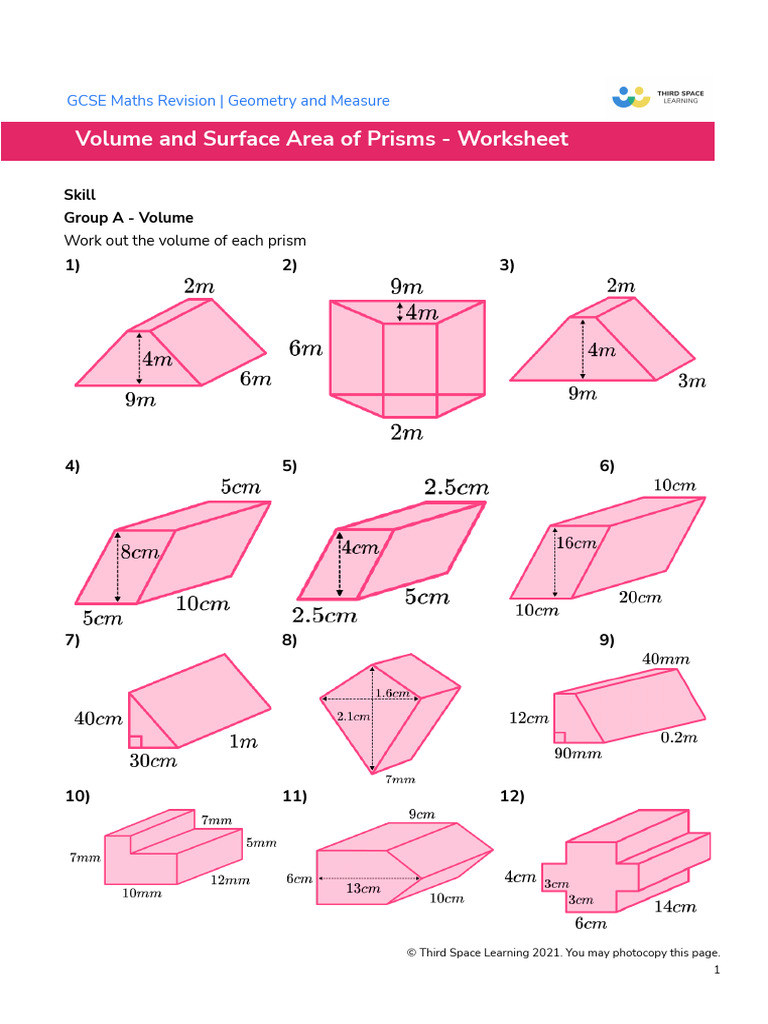 Volume and Surface Area of Prisms Worksheet | PDF | Volume | Area