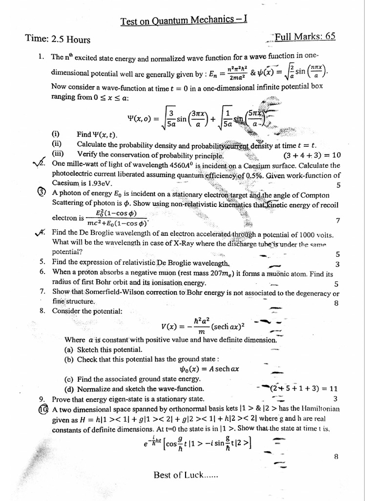 Quantum Mechanics Tests | PDF
