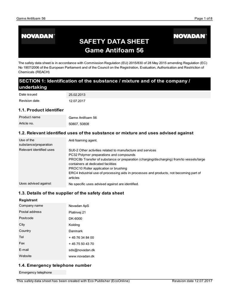 SDS Game Antifoam 56 (SB 253) | PDF | Toxicity | Dangerous Goods
