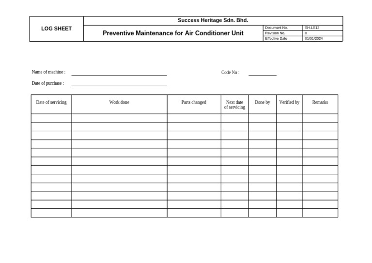 Preventive Maintenance Schedule For Air Conditioner Unit | PDF