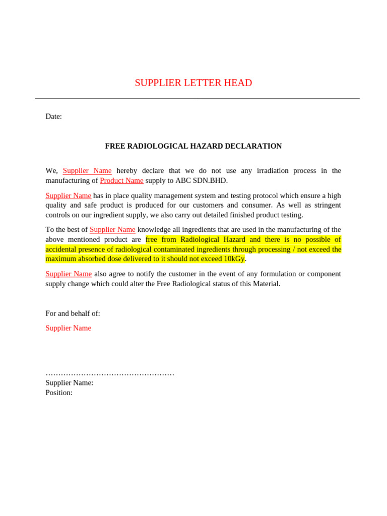 Free Radiological Hazard Declaration | PDF
