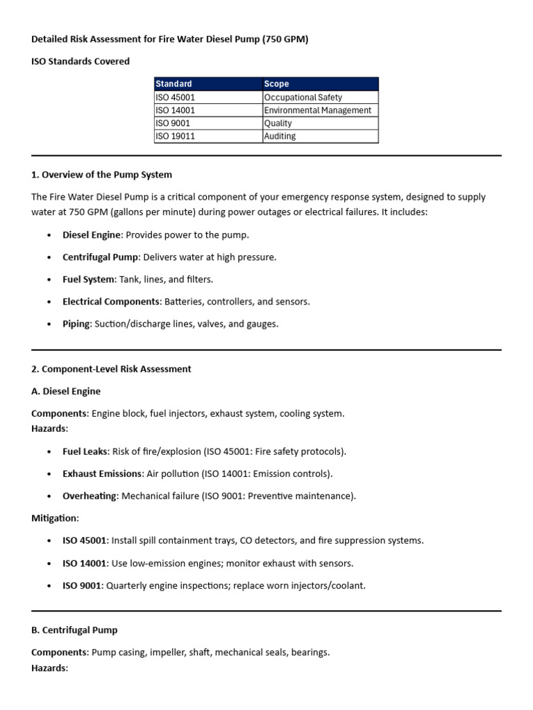 Fire Water Diesel Pump (750 GPMS) Risk Assessment | PDF | Pump | Leak